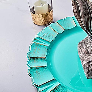 BalsaCircle Charger Plates 6 pcs 13-Inch Turquoise Gold Round Scalloped Trim Plastic Charger Plates Wedding Reception Event Decorations Supplies