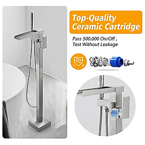 BESy Freestanding Bathtub Faucet Waterfall Tub Filler Brushed Nickel Floor Mount Brass Single Handle Bathroom Tub Faucets with 2 Function Hand Shower Wand