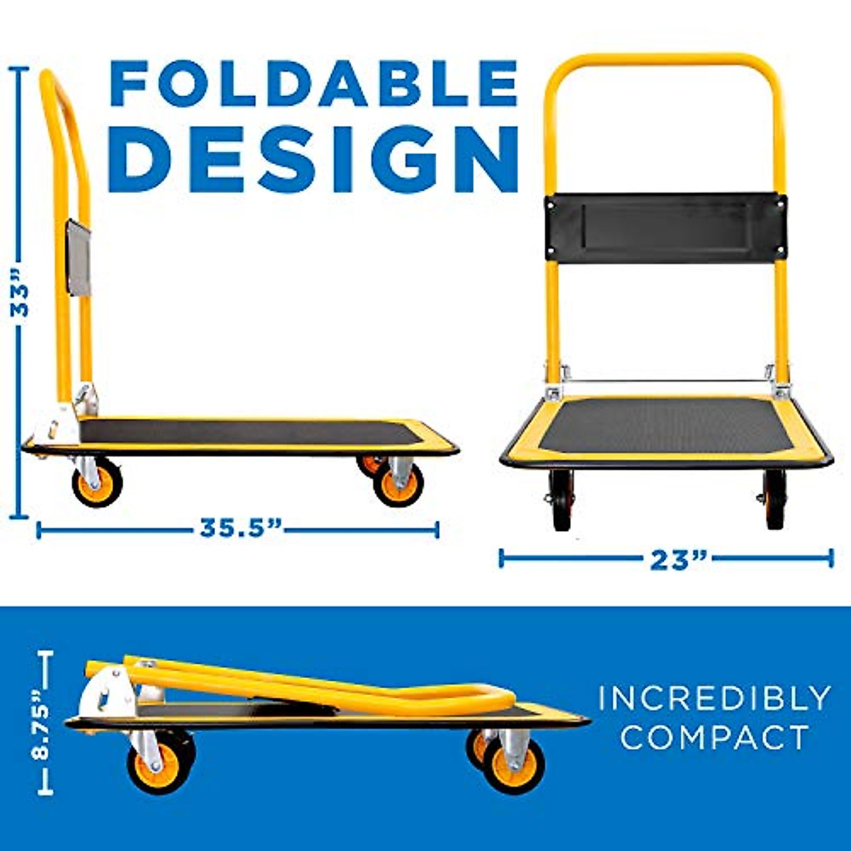 MOUNT-IT! Platform Truck [660lb Weight Capacity] Heavy Duty Foldable Flatbed with Swivel Wheels, Rolling Trolley Cart, Foldable, Flat, Push Cart Dolly (Yellow)
