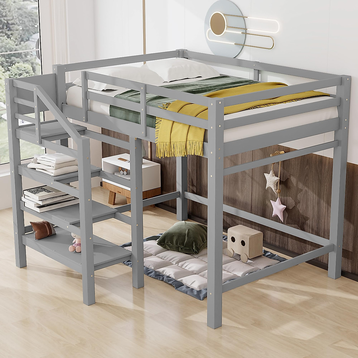 Bellemave Full Size Loft Bed with Stairs, Wood Loft Bed Frame with Storage Shelves and Hanging Rod Gray Loft Beds for Kids Boys Girls Adults Teens Dorm Bedroom