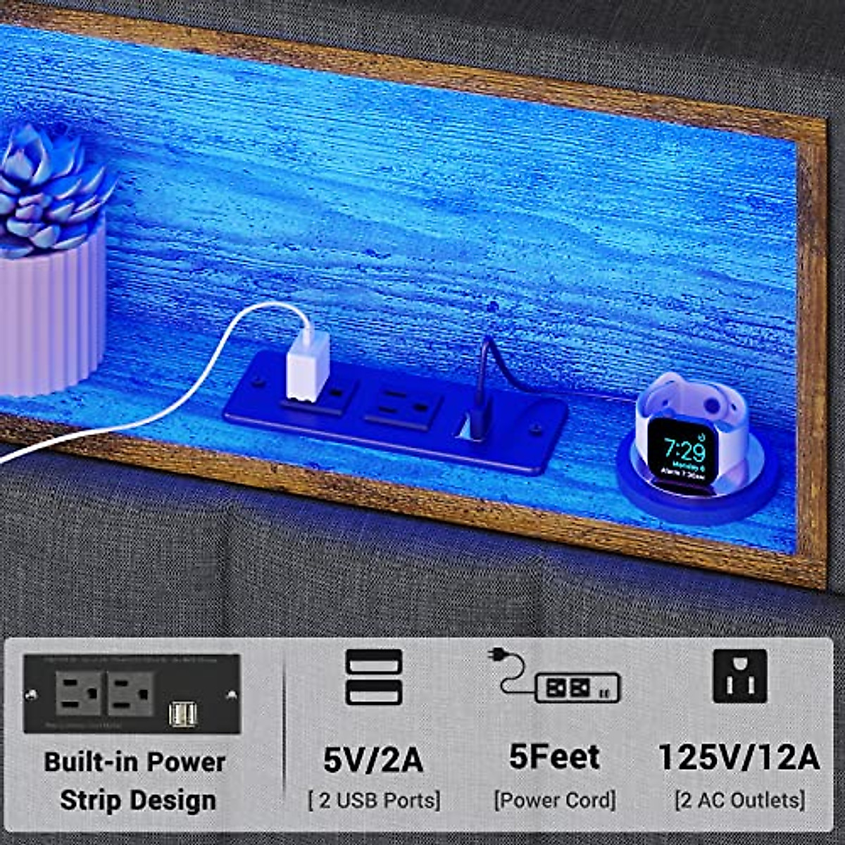 Tiptiper LED Lights Headboard, Platform Bed Frame Queen Size with Outlets and USB Ports, Upholstered Bed with Storage, No Box Spring Needed, Dark Grey