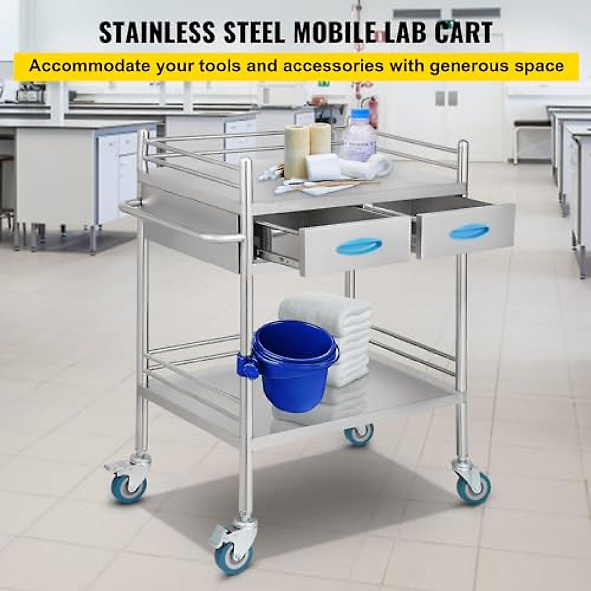 VEVOR Lab Serving Cart, 2 Layers Stainless Steel Utility Rolling Cart, Medical Cart with Two Drawers, Dental Utility Cart with Lockable Wheels and A Bucket, for Laboratory, Hospital, Dental Use