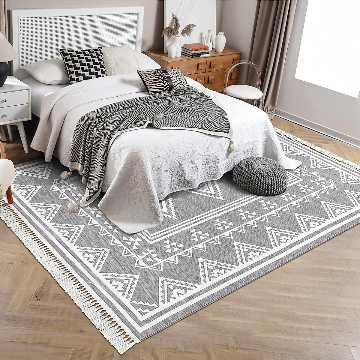 RUGSREAL Large Living Room Rug 8x10 Washable Boho Accent Area Rug with Tassel Moroccan Bordered Non-Slip Stain Resistant Floor Cover Farmhouse Geometric Tribal Carpet for Bedroom Nursery, Grey