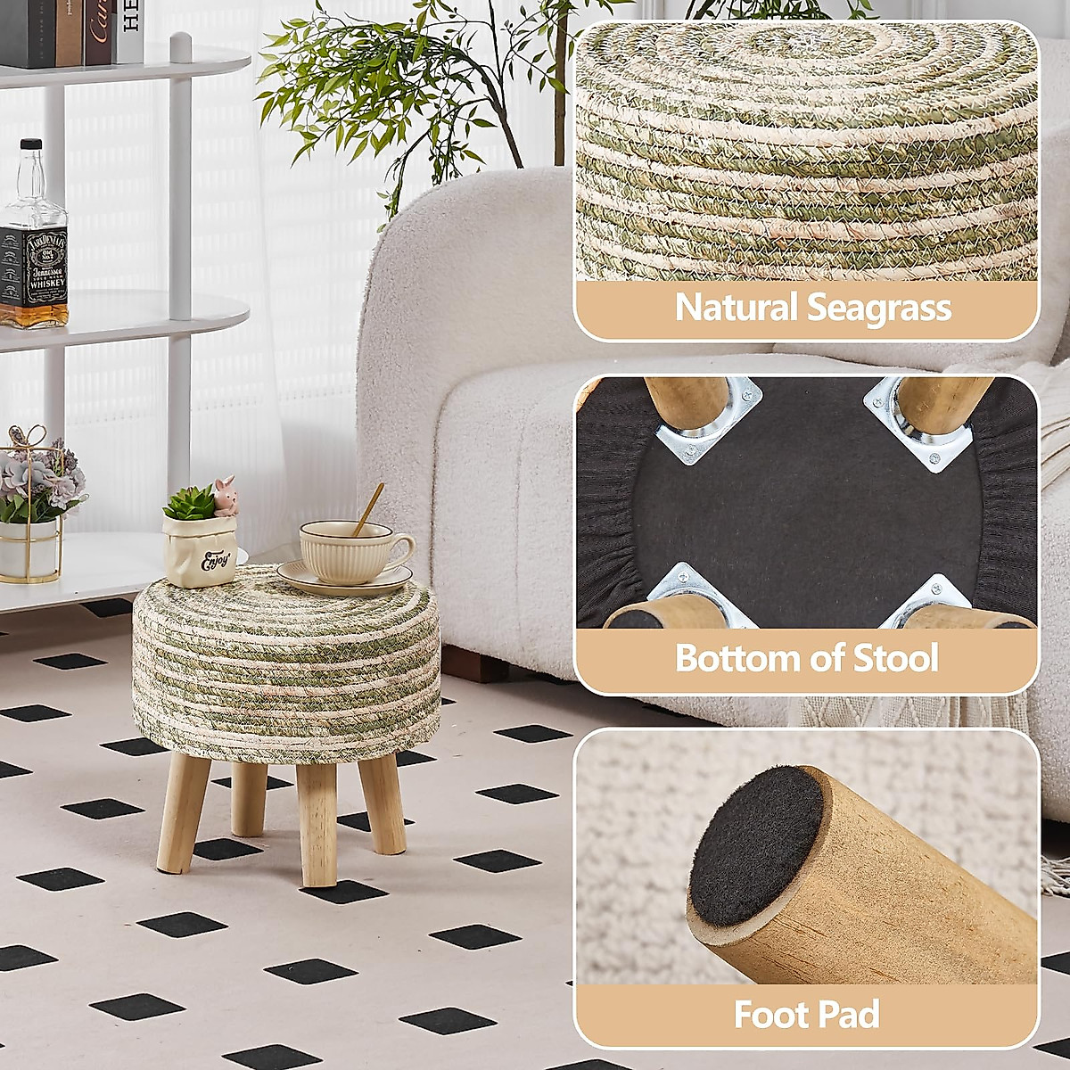 Cpintltr Round Ottoman Natural Seagrass Footstool Poufs Hand Weave Eco Friendly Sofa Foot Stool Soft Step Stool Boho Accent Padded Foot Rest with Pine Legs for Living Room Bedroom Mixed Green