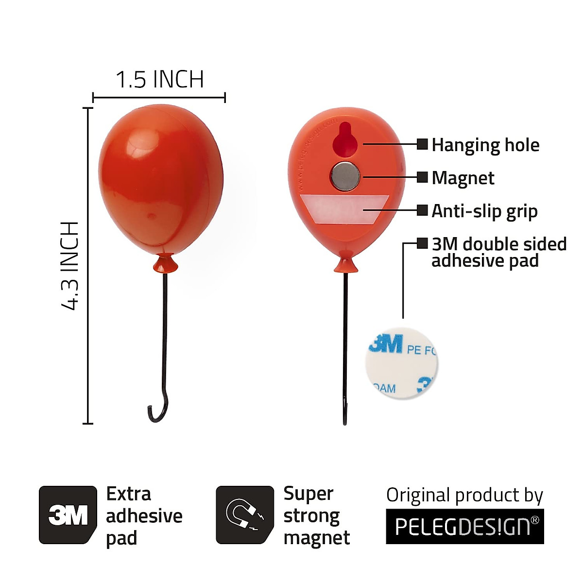 PELEG DESIGN Balloongers | Fun Balloon-Shaped Key Holder for Wall | Decorative Key Hanger Set of 3 | Key Hooks w/ 3 Install Options | Key Holder for Wall, Fridge | Cute Key Holders