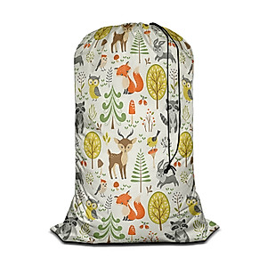 Swono Woodland Animals Laundry Bag with Strap Machine Washable Large Dirty Clothes Organizer Trees Mushrooms Berries Rabbit Owl Easy Fit Laundry Hamper or Basket, Carry Up to 4 Loads of Laundry