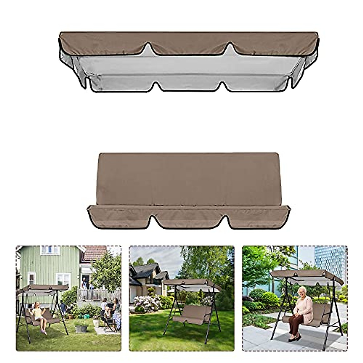 Patio Swing Canopy Cover Set - Swing Replacement Top Cover + Swing Cushion Cover for 3 Seater Swing Waterproof Dustproof, Only Cover