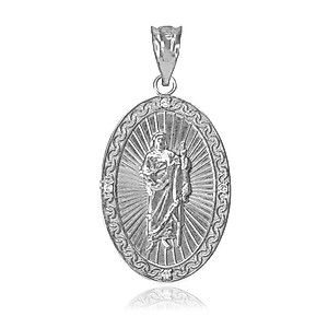 925 Sterling Silver Oval Saint Jude Thaddeus CZ Medal Charm Pendant (Medium)