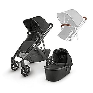 UPPAbaby Vista V2 Stroller - Jake (Black/Carbon/Black Leather) + Leather Handlebar Covers for Vista, V2 - Saddle + Leather Bumper bar Cover for Vista, V2, Cruz, V2 - Saddle