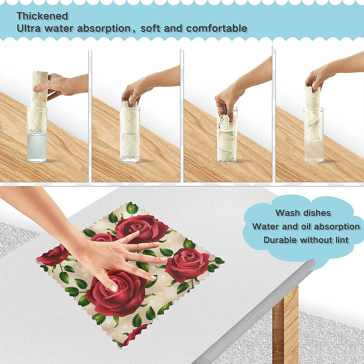 senya 6 Pack Dish Cloths Dish Towels Red Roses Flowers Reusable Kitchen Hand Towels