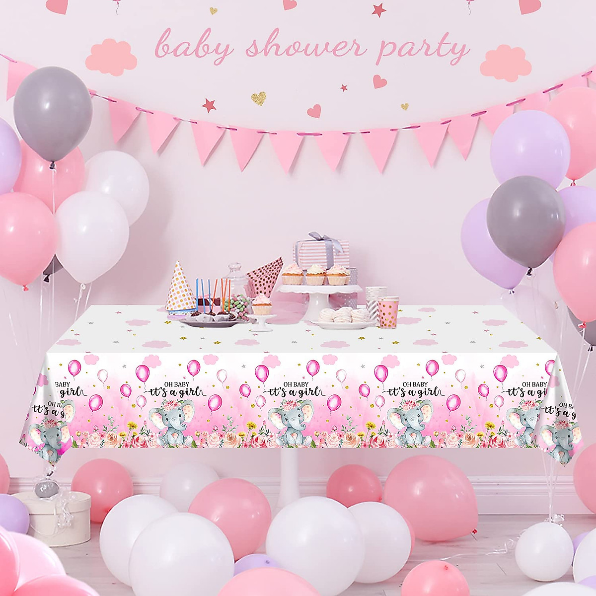 6 Pack Elephant Baby Shower Tablecloth Decorations, Elephant Baby Shower Decorations, Plastic Tablecloth Table Cover Backdrop for Baby Boy Girl Gender Baby Shower Party Supplies, 54 x 108 Inch, Pink