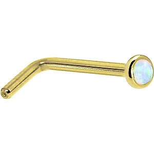 Body Candy Solid 14k Yellow Gold 2mm White Synthetic Opal L Shaped Nose Stud Ring 18 Gauge 1/4"