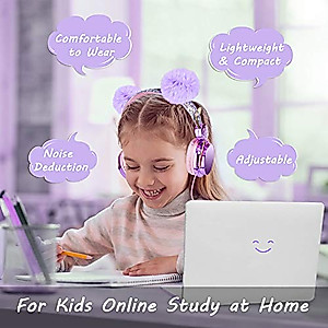 Kids Headphones, Purple POM POM Bear Ear 2020 Upgraded w/Adjustable Headband, Over On Ear Headset w/Mic for Girls/Teens/School/Kindle/Tablet/PC (Wired)