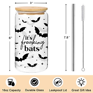 Lovearth Halloween Bats Cup, Gothic Bat Iced Coffee Cup, 16oz Halloween Glass Cup with Lid and Straw, Spooky Gifts, Cute Halloween Gifts for Women, Men, Bat Lovers, Gifts for Halloween Lovers