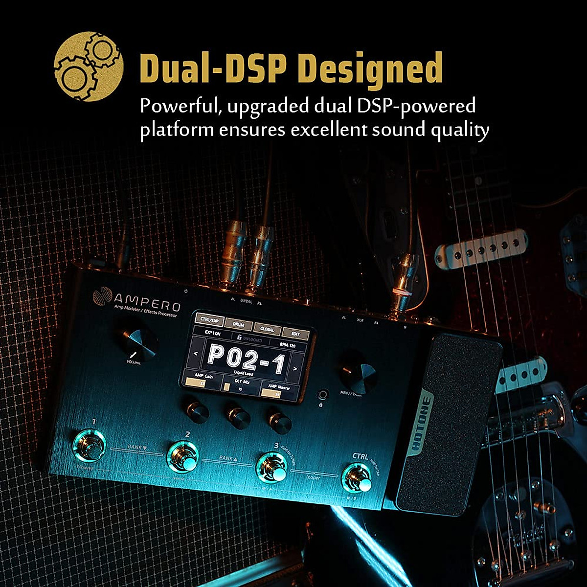 Hotone Ampero MP-100 Guitar Bass Amp Modeling IR Cabinets Simulation Multi Language Multi-Effects with Expression Pedal Stereo OTG USB Audio Interface