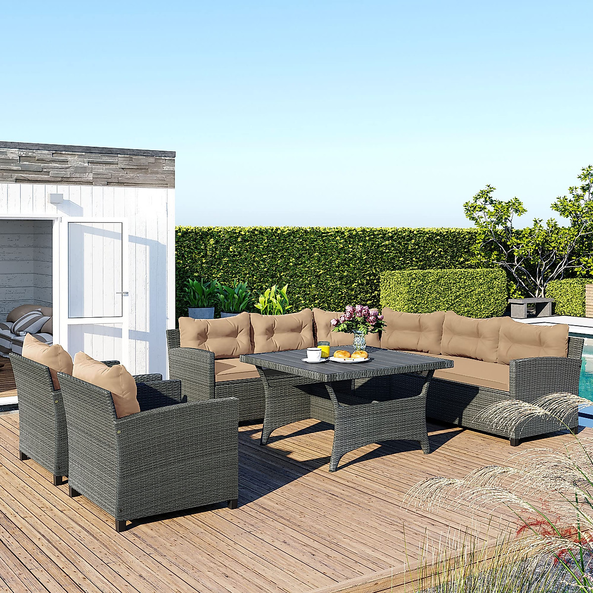 Quarte 6-Piece Outdoor Patio Furniture Sets, All-Weather Rattan Sectional Sofa with Thick Cushions/Pillows/Plywood Table Top, PE Wicker Dinning Set for Garden, Yard, Deck (Beige+6#)