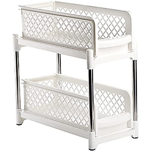 Frcctre 2 Tier Under Sink Cabinet Organizer with Sliding Storage Drawer, White Storage Organizer Baskets with Pull Out Drawers for Kitchen, Countertop, Pantry, Under The Sink, Desktop