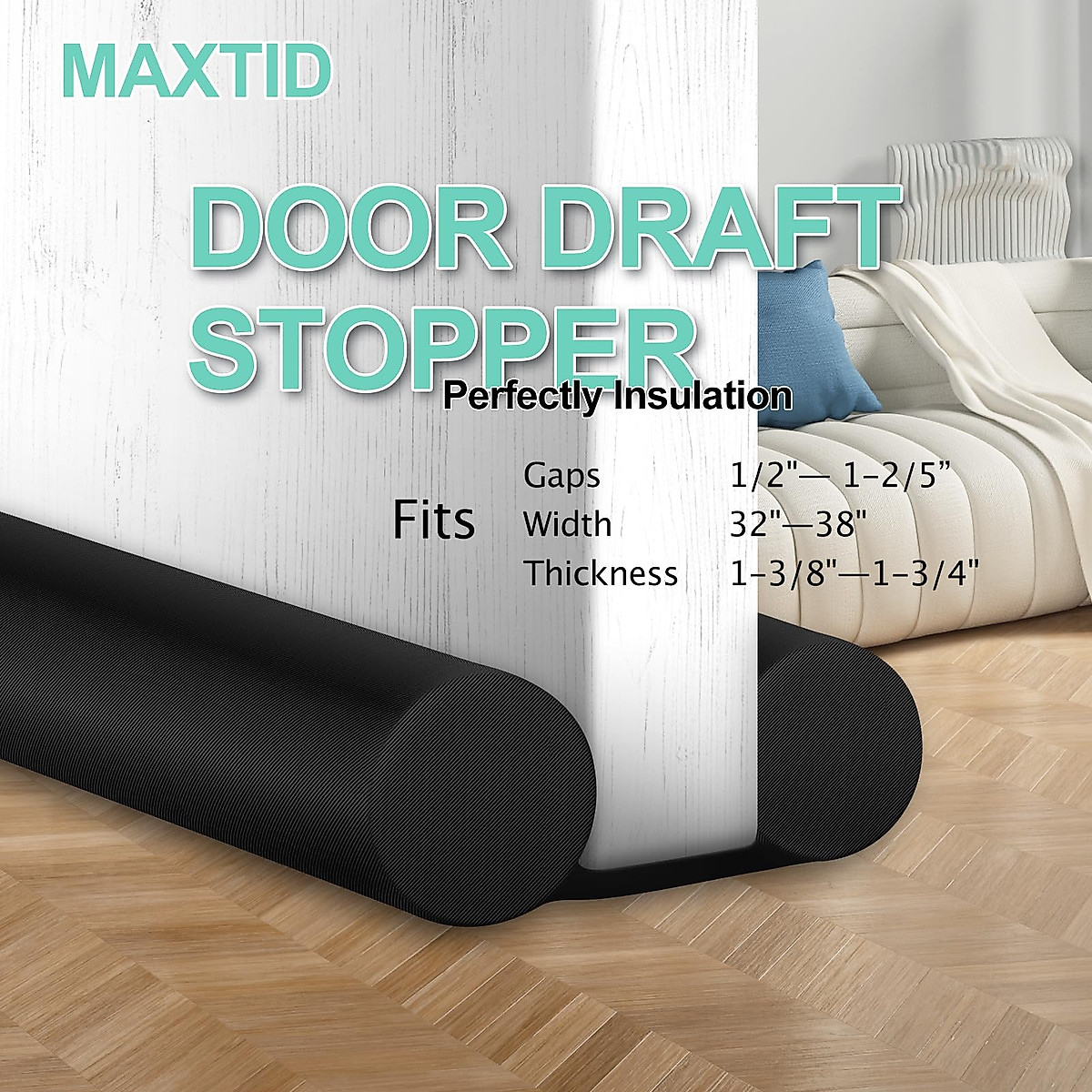 MAXTID Under Door Draft Blocker Black Door Draft Stopper 38" Noise Reducer Breeze Light Cold Air Guard Sound Proof Door Sweep 32" 36" 38" Weather Stripping Door Bottom Seal Insulation Strip Gap Filler