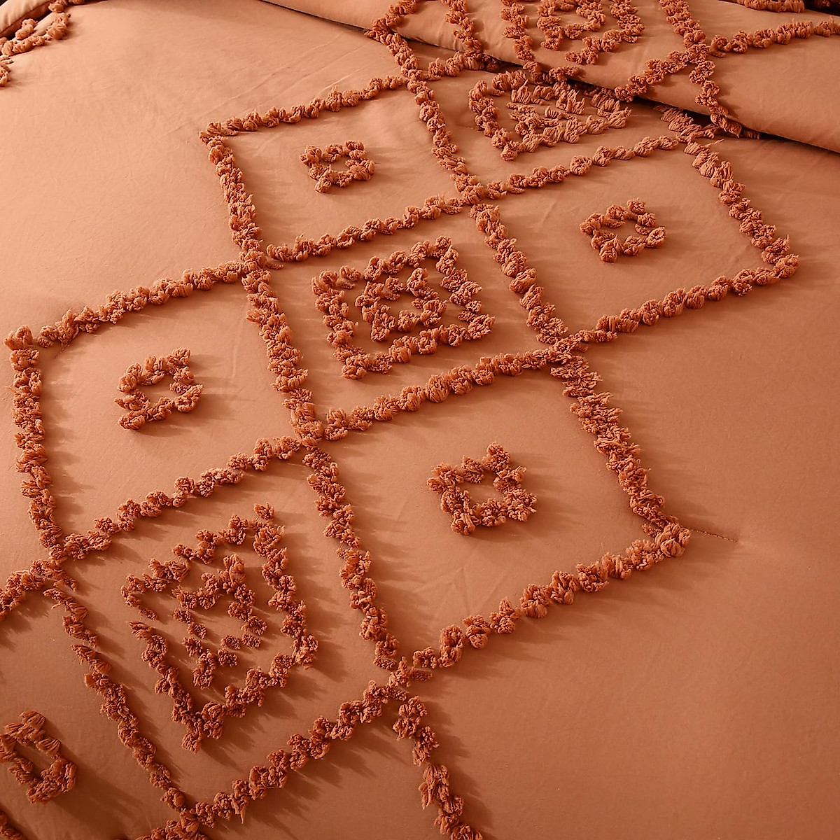 URBONUR Terracotta Duvet Cover Set King Size Burnt Orange, 3PCS Textured Tufted Bedding Set, Geometric Diamond Pattern, Ultra Soft Microfiber Duvet Cover with Zipper Closure, (Rust, King)