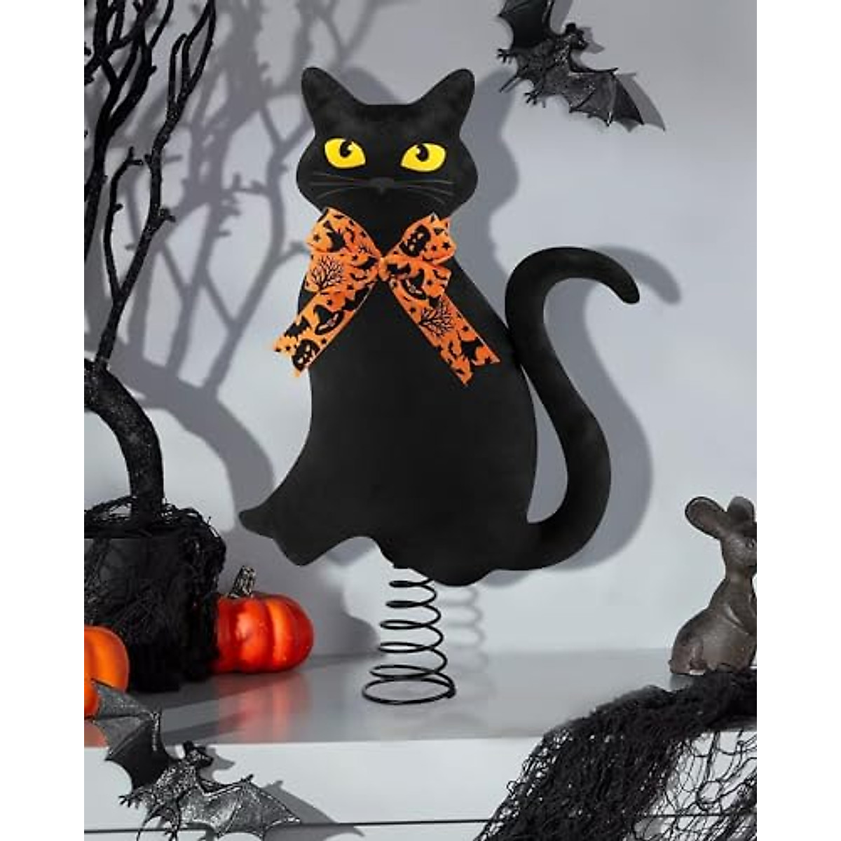 Black Cats Christmas Tree Topper with Stand and Changeable Bows Halloween Xmas Tree Ornament Winter Holidays Home Decorations Cat Lovers Gift Ideas