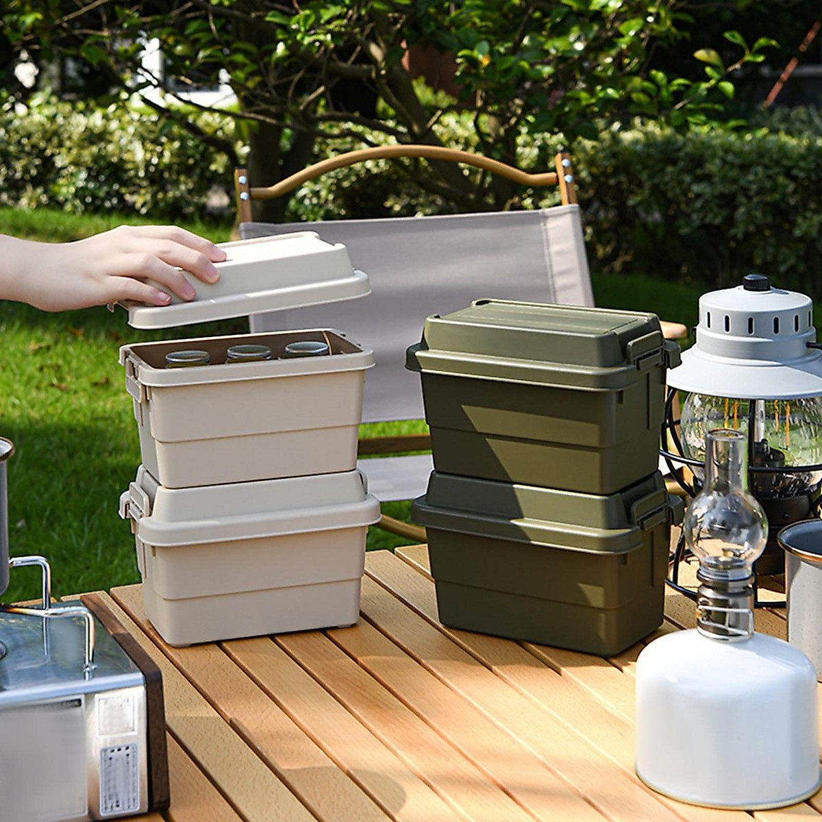 Almencla Stackable Outdoor Storage Box Hiking Waterproof Basket Picnic Camping Car Trunk Organizer for Traveling, Backpacking, Fishing, BBQ, Barbecue, Green, Medium