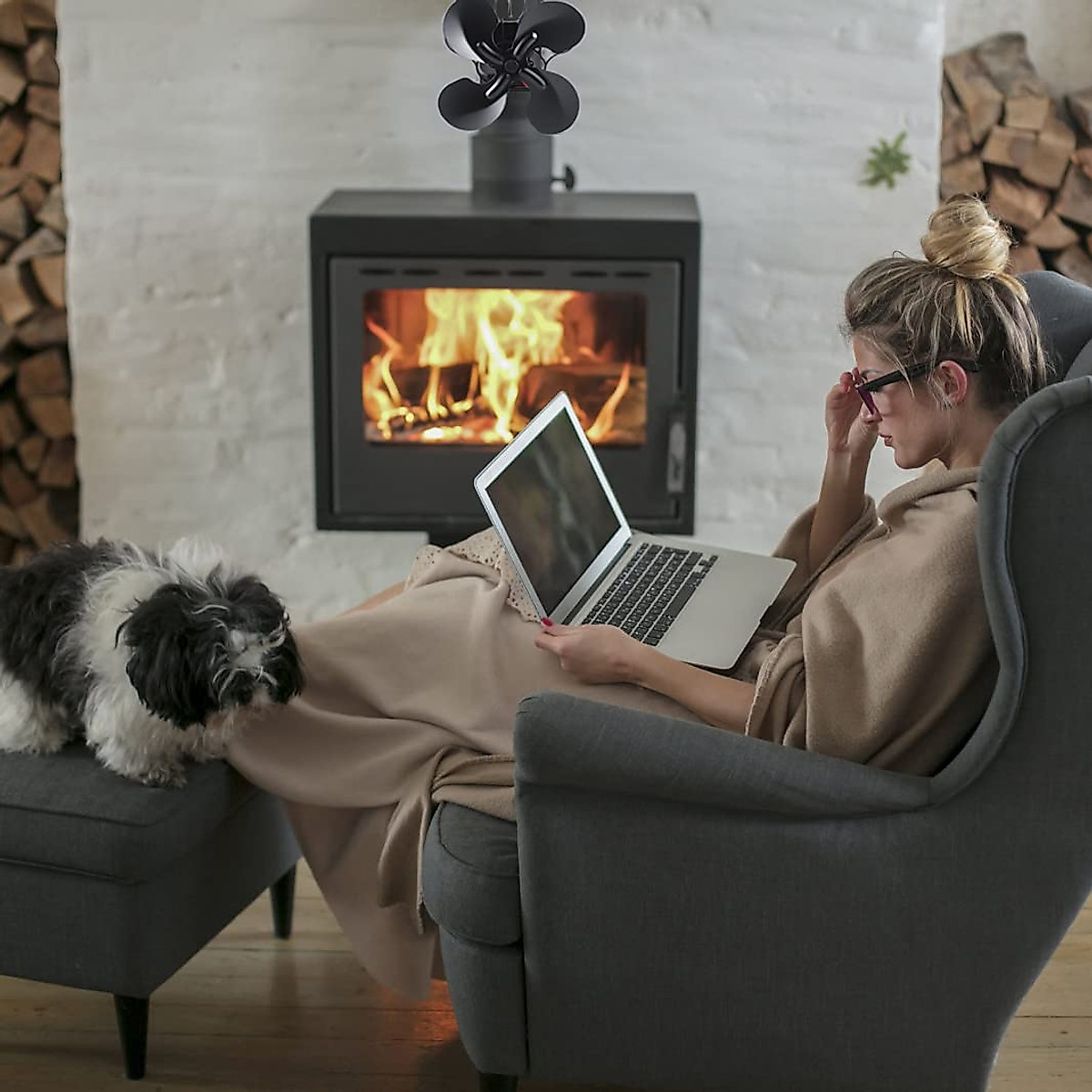 PANDA100 Heat Powered Stove Fan-2019 Upgrade Designed Silent Operation 4 Blades with Stove Thermometer for Wood/Log Burner/Fireplace-Eco Friendly and Efficient Heat Distribution (4 Blades)