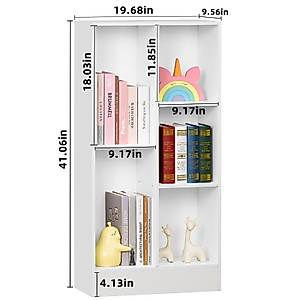 YAHARBO 5 Cube White Bookshelf,Small Modern Horizontal Bookcase,Wood Floor Standing Low Bookshelves Display Storage Cabinet with Base, Short Book Shelf Open Organizer for Bedroom,Living Room,Office