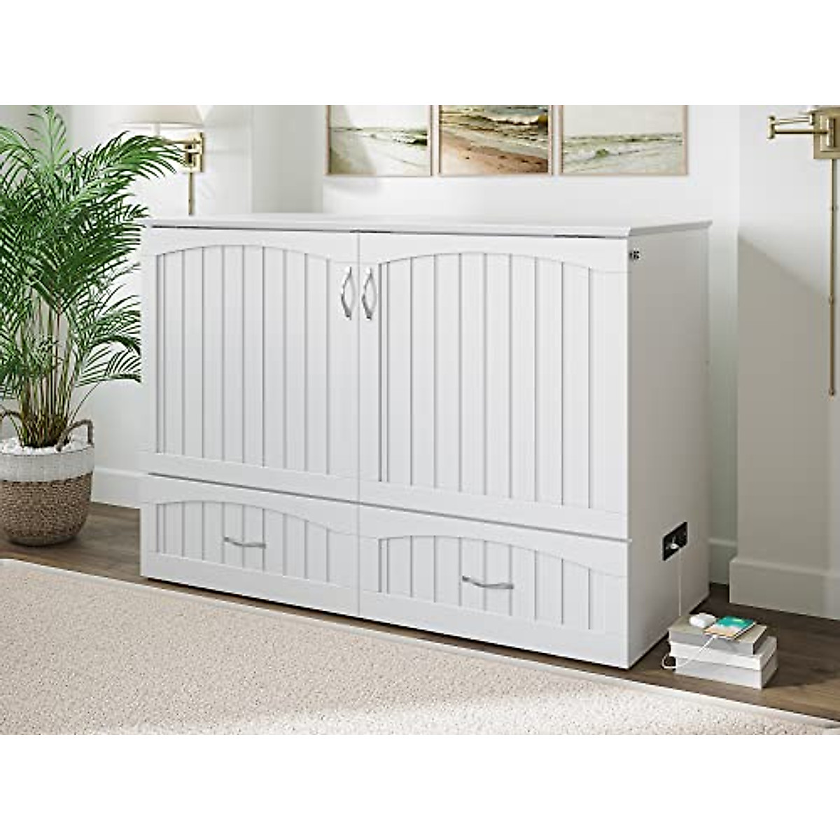 AFI, Southampton Murphy Bed Chest with 6 inch Memory Foam Folding Mattress, Built-in Charging Station and Storage Drawer, Full, White