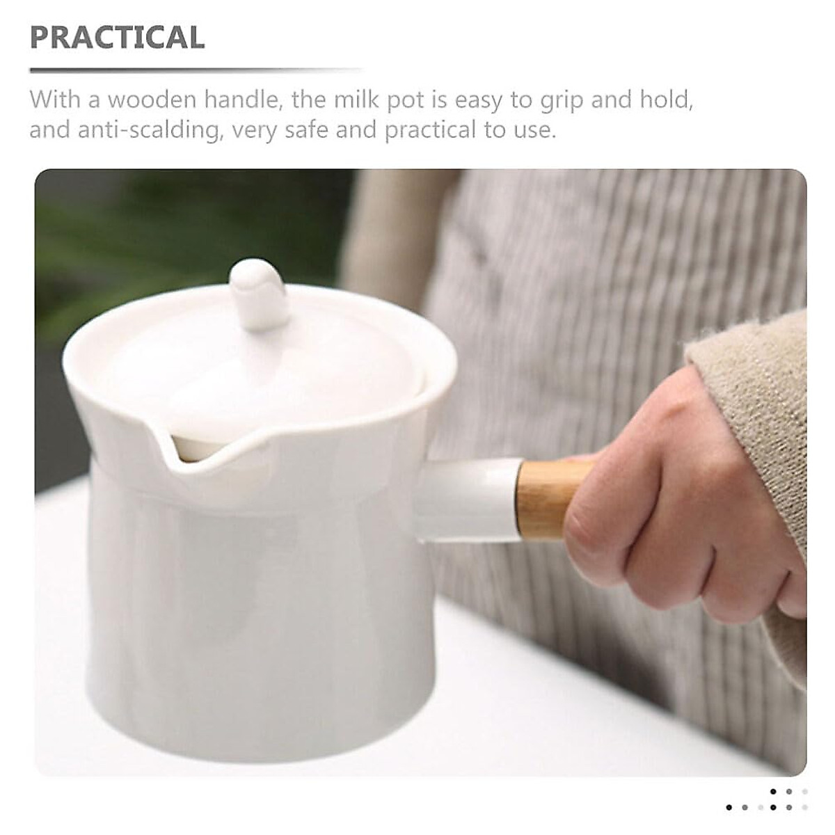 Cabilock Milk Pan Sauce Pan Butter Warmer Noodle Bowl 350ml Ceramic Mini Cooking Pot with Wood Handle for Noodle Butter Coffee Baby Food - White