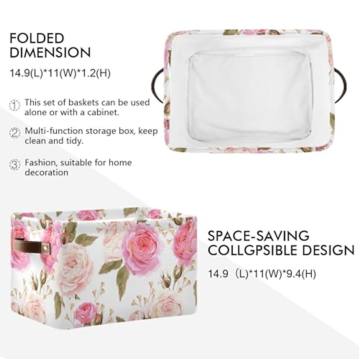 susiyo Large Foldable Storage Bin Floral Pink Roses Fabric Storage Baskets Collapsible Decorative Baskets Organizing Basket Bin with PU Handles for Shelves Home Closet Bedroom Living Room-1Pack