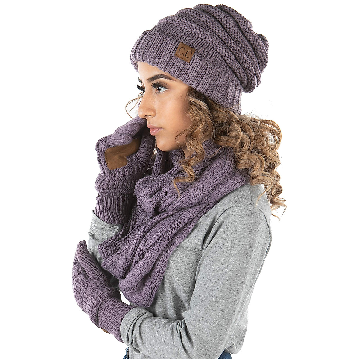 Funky Junque Oversized Beanie, Glove, & Scarf Bundle: Violet