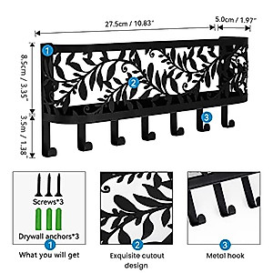 WYTAOHZL Key Holder for Wall Mail and Key Holder for Wall with 7 Key Hooks 11X4.6X2Inches Eucalyptus Design Mail Organizer Wall Mount Key Holder Black Metal Key Hooks Key Hangers for Home Decorative