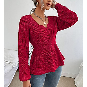 Veatzaer Womens V Neck Sweaters Fall Trendy Casual Long Lantern Sleeve Ribbed Knit Pullover Sweater Tops Red