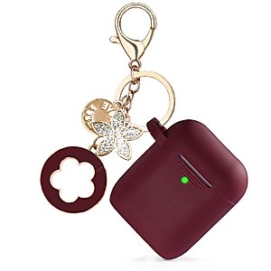 Bling AirPods 2nd Generation Case, VISOOM Cute Airpod Case 1st Generation with Keychain for Apple Airpod Case Cute Glitter Air Pod Case iPod Case Cover Women/Girls Silicone AirPods 2 Case(Burgundy)