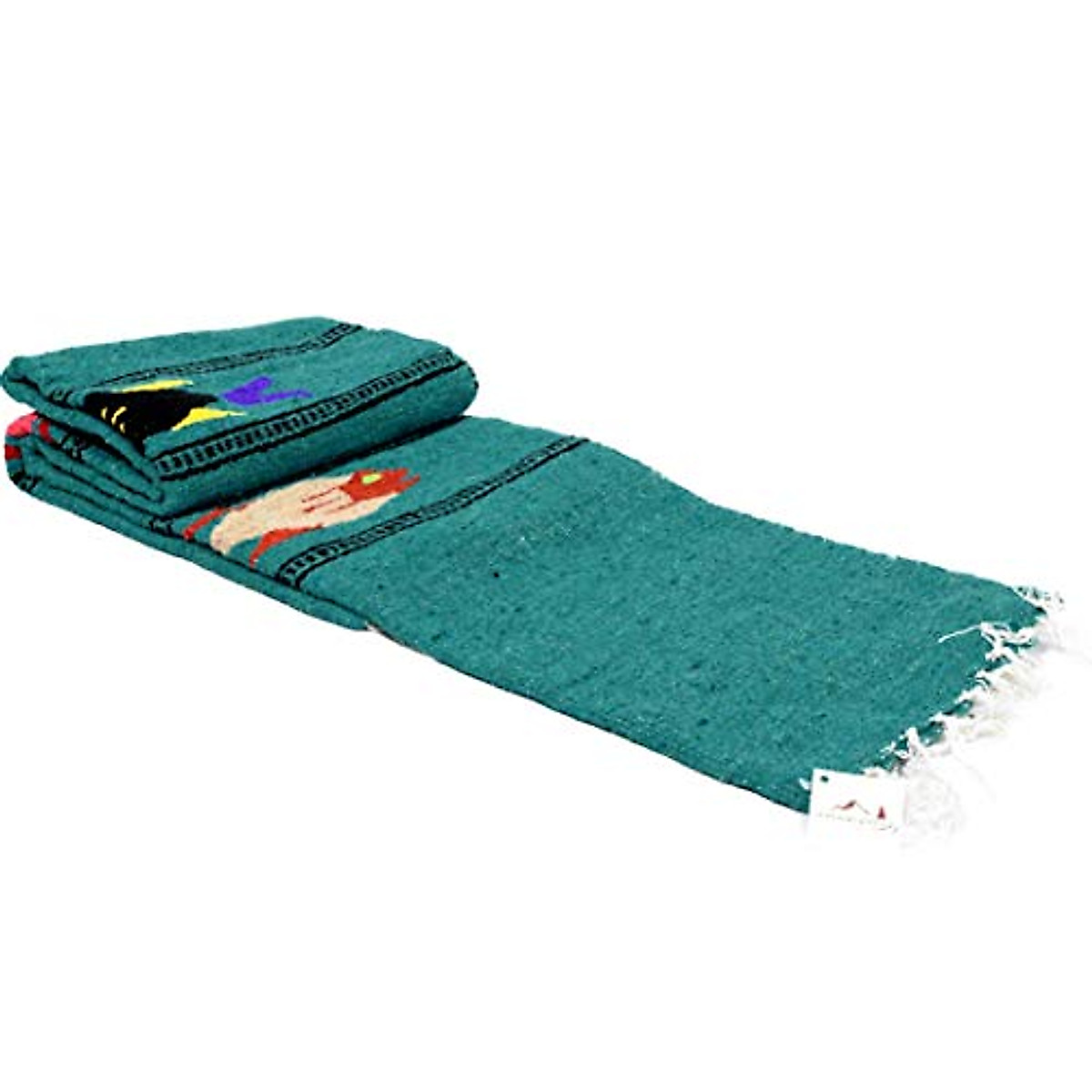 Open Road Goods Thick Mexican Yoga Blanket Turquoise/Sea Green - Serape Fish Design - Handmade/Handwoven Genuine Mexican Style Blanket