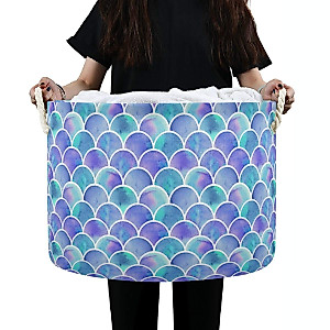 Large Round Storage Basket - Colorful Mermaid Canvas Coating Organizer Bin Toy Storage Bin for Laundry Hamper,Toy Bins,Gift Baskets, Bedroom
