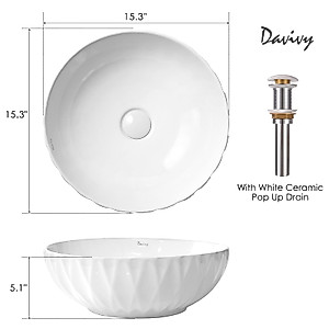 Davivy 15.3'' Round Vessel Sink with Pop Up Drain,Bathroom Vessel Sinks,Bathroom Sinks Above Counter,White Vessel Sink,Counter top Sink,Round Vessel Sinks for bathrooms