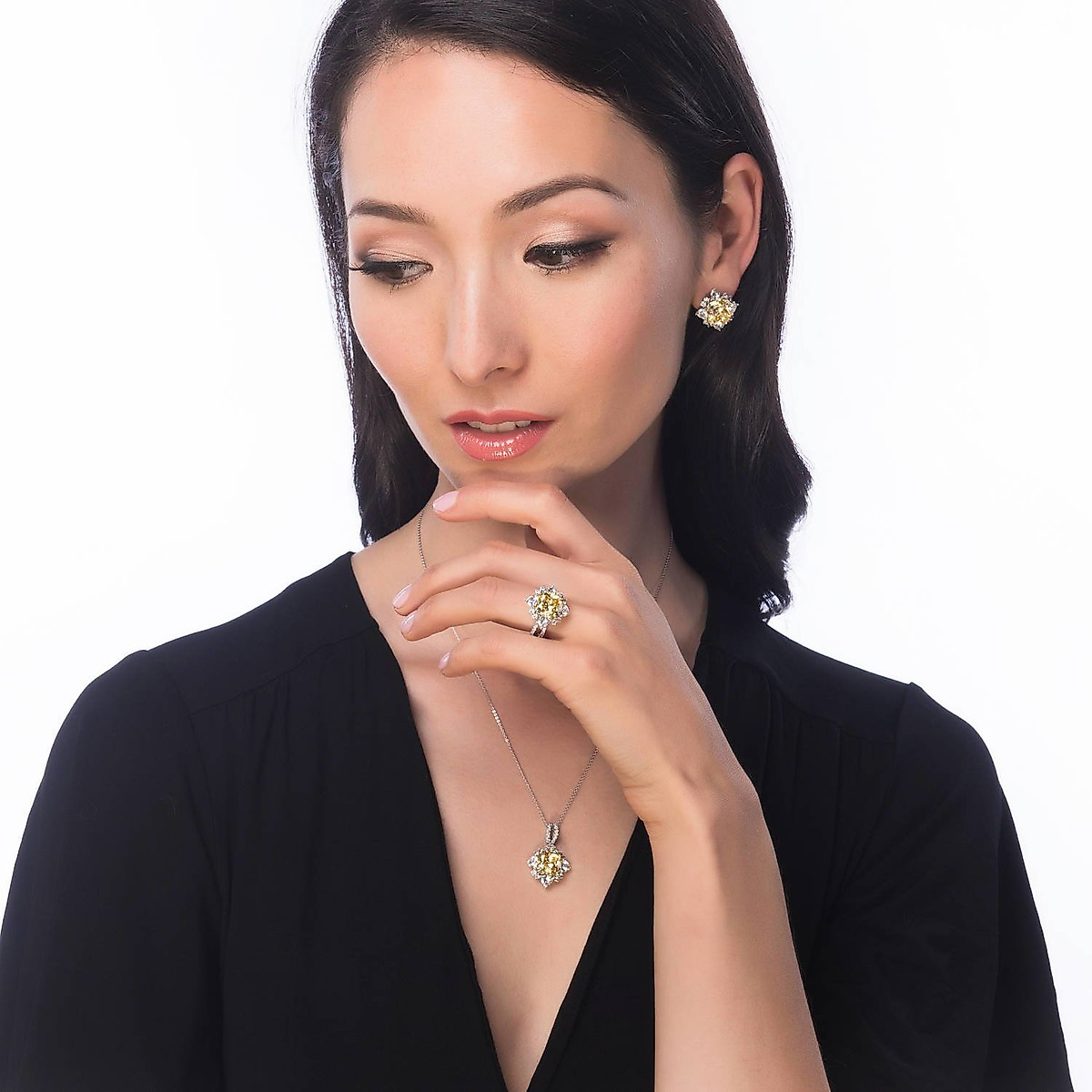 BERRICLE Sterling Silver Halo Canary Yellow Cushion Cut Cubic Zirconia CZ Statement Flower Cocktail Fashion Split Shank Ring for Women, Rhodium Plated Size 7