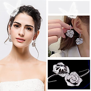 Huggie CZ Flower Dangle Stud Earrings for Women Girls with Charms Fashion Luxury Pave Rhinestone Filigree Camellia Rose Dainty Crystal Drop Dangling Wedding Prom Jewelry Dainty Gifts Valentine Mother's Day (Clear)