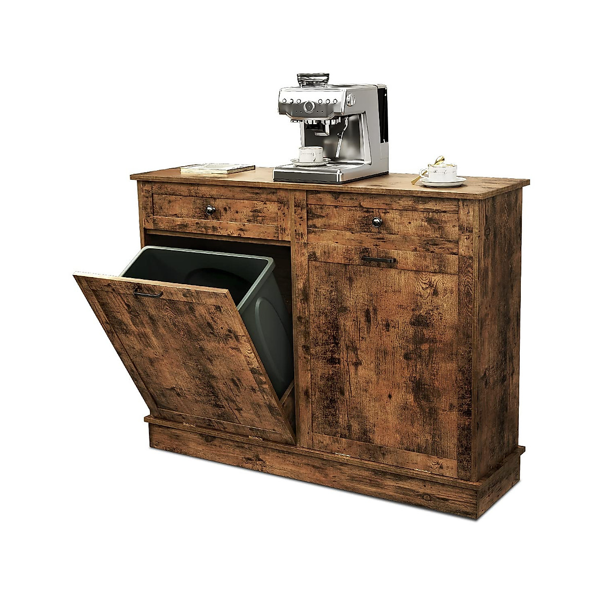 TC-HOMENY Tilt Out Trash Cabinet with Drawer, Free Standing Trash Can Cabinets, Manual and Auto Mode Shutdown Cabinet Door, Recycling Can Cabinet Home, Kitchen, Living Room