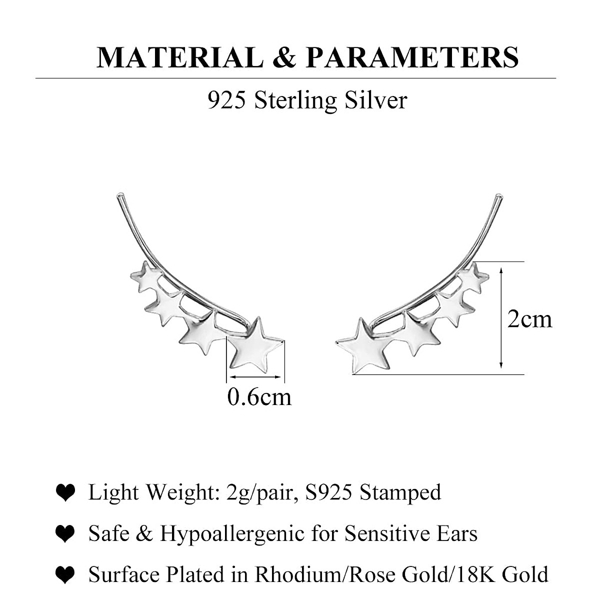 SLUYNZ 925 Sterling Silver Star Crawler Earrings Cuff for Women Climber Earrings Wrap (A-Silver)