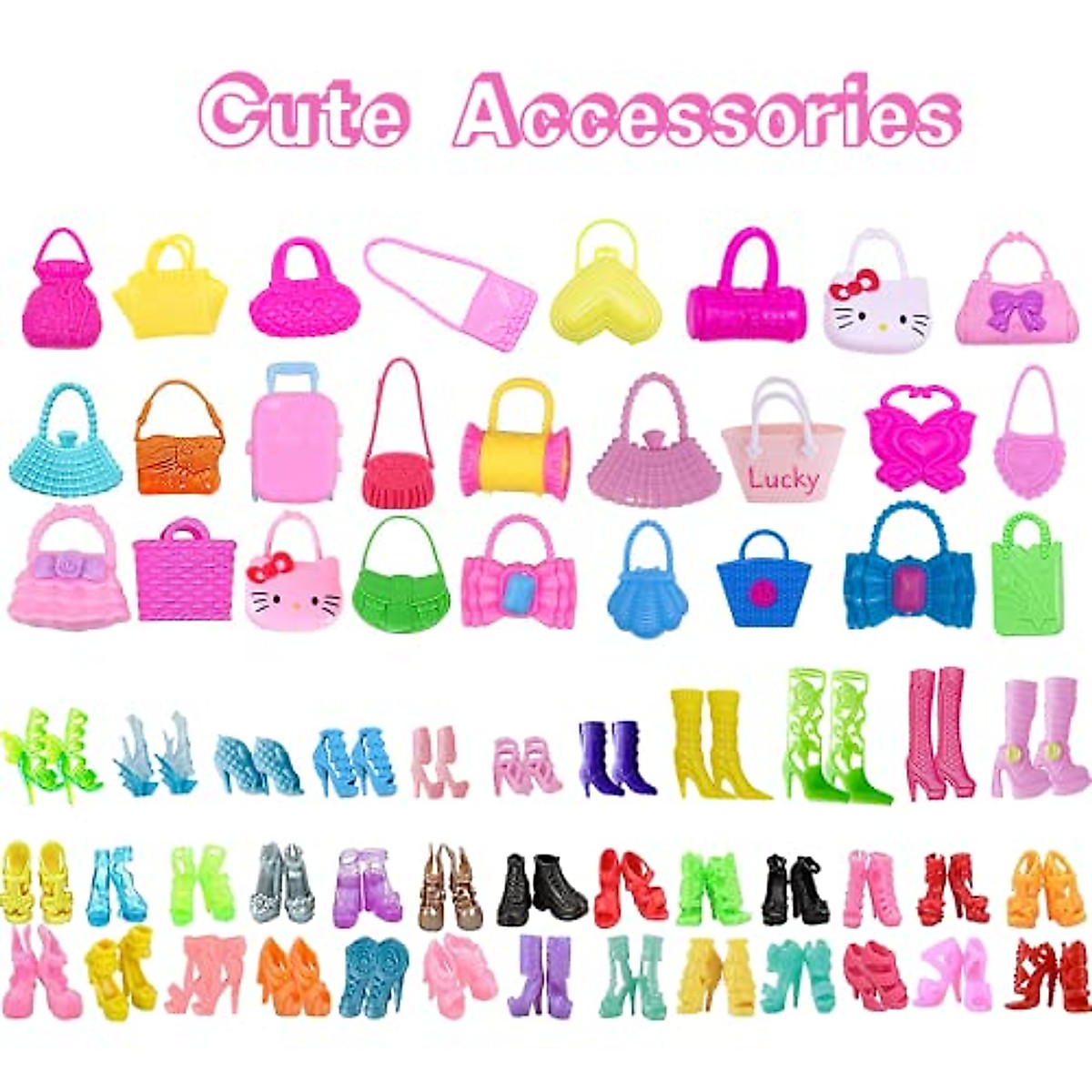 96 PCS Doll Clothes and Accessories for Barbie 11.5 inch Doll 16 Slip Dresses 20 Pair of Shoes 10 Handbags 30 Jewelry Accessories Fashion Outfits Necklace Mirror Earring Crown Hanger in Random