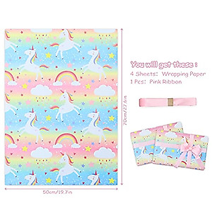 Birthday Wrapping Paper For Kids Girls Boys, Unicorn Design Gift Wrapping Paper for Birthday Baby Shower with 78.7 inches Ribbon, 4 Sheets Folded Flat 20x28 inches per sheet