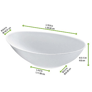 PacknWood 210BCHIC1500 Heavy-Duty Bowl Bio n’ Chic Oval White Sugarcane Bowl Made by 100% Sugarcane Fibers - 44oz 10.6 x 6.2’’ - 100pcs - Compostable and Biodegradable Salad