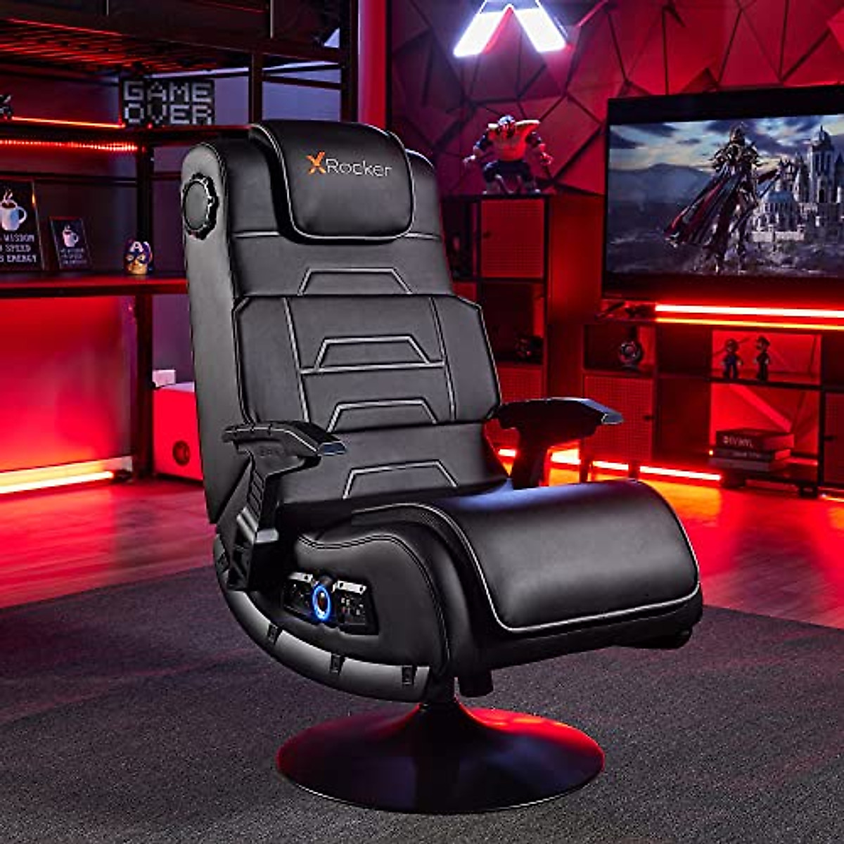 X Rocker Pro Leather Lounging Video Gaming Pedestal Chair with Vibration - Wireless Audio Force Modulation Technology - 2 Speakers & Subwoofer - Armrest - Black