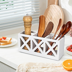 Wooden Cutlery Silverware Holder Flatware Utensil Caddy Wood Silverware Organizer Storage Containers for Kitchen Countertop, Forks, Spoon, Knives Kitchen Utensil Holder White Silverware Caddies