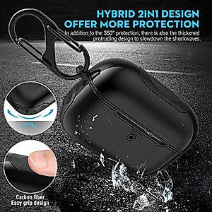 ORETECH Designed for Airpods Pro Case Cover Heavy Duty Protective 2 in1 Hybrid Hard PC Silicone Rubber Carbon Fiber with Carabiner Full Body Cover for Airpods Pro Accessories(LED Visible) - Black