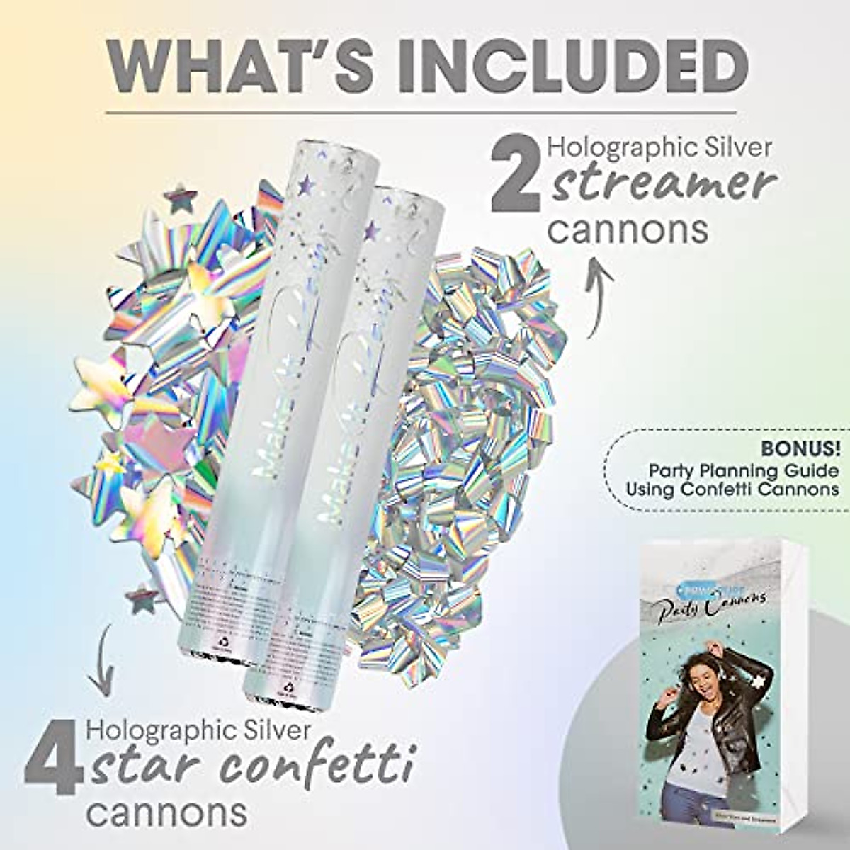 Confetti Cannon - 6 Pack Holographic Silver Party Poppers Confetti Shooters | 2x Streamer Poppers and 4x Star Confetti Poppers Bulk | Confetti Bomb Party Poppers for Celebrations | Confetti Gun for Birthday, Graduation, New Years Eve, Wedding, Photo Shoot
