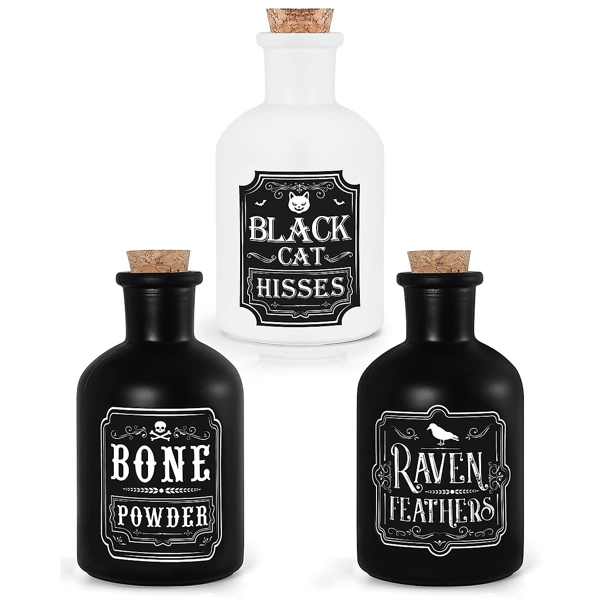 Halloween Centerpieces Potion Bottles with Cork Stopper Black and White Halloween Party Hocus Pocus Glass Tiered Tray Jar Decorations Spooky Mini Vases decor for Indoor Table Living Room Set of 3