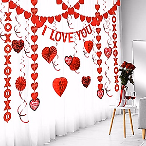 30 Pieces Valentine's Day Decoration Kit I Love You Red Heart XOXO Garland Banner Heart Swirls Tissue Paper Fan Pom Hanging Decor for Home Hotel Engagement Wedding Valentines Party Supplies Set